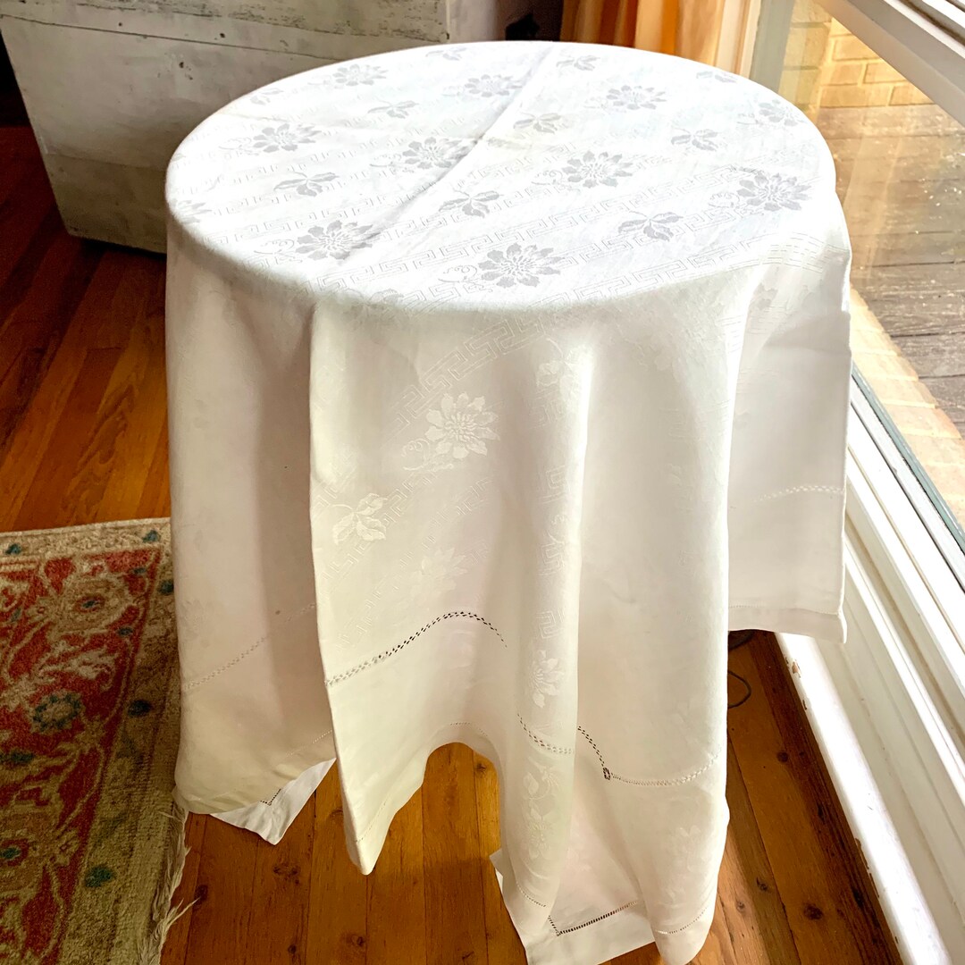 Square Damask Linen Tablecloth, White Hand Hemmed Table Linens, Floral ...