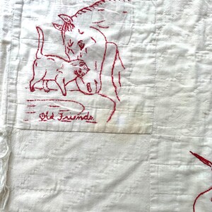 Vintage Redwork Baby Quilt, Antique Hand Embroidered Blanket, Primitive ...