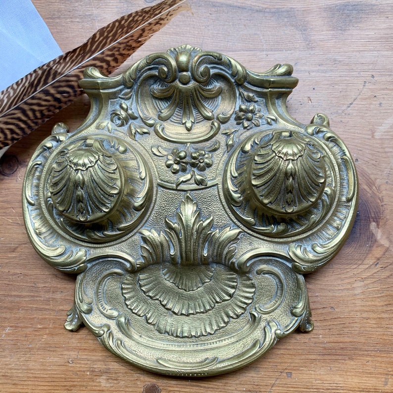 Antique French Ink and Pen Station, I.H 120 Depose, Brass Ornate Art ...