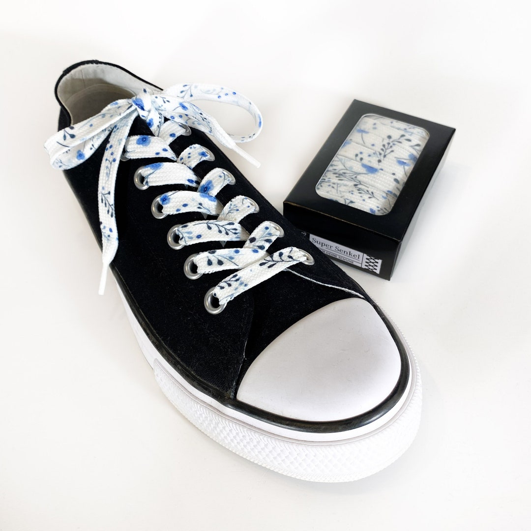 Shoelaces, 100 Cm Long, blue Floral Pattern, Unique, Hand-printed, High ...