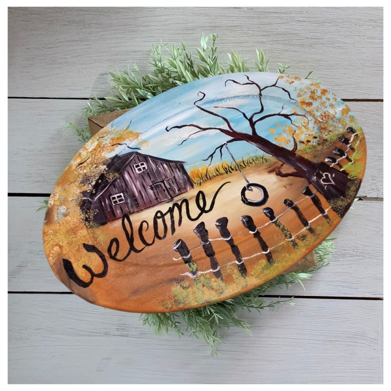 Rustic Wooden Oval Welcome Sign – Hand-painted Barn Scene Door Hanger ...