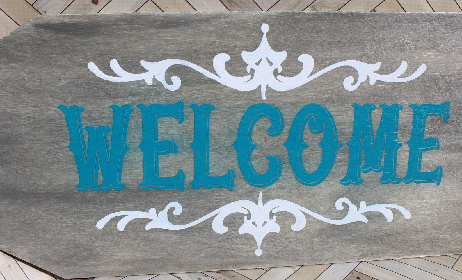 Welcome Gray and Teal Wooden Door Tag - Etsy.de