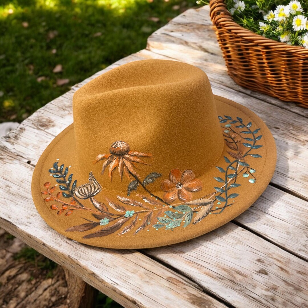Hand Painted Fedora Hat | Wild & Free/mustard Yellow Floral Fedora ...