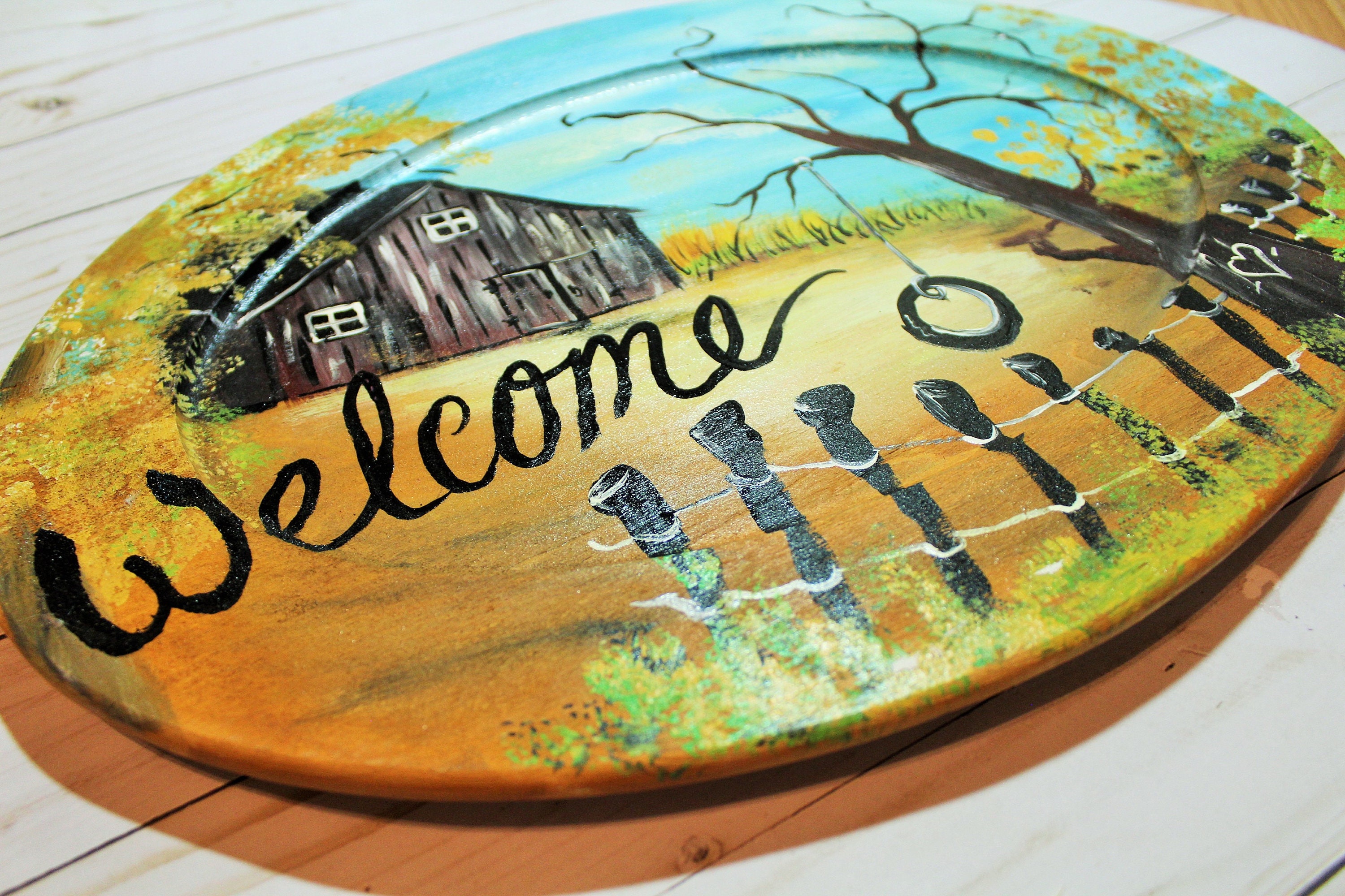 Rustic Wooden Oval Welcome Sign – Hand-painted Barn Scene Door Hanger ...