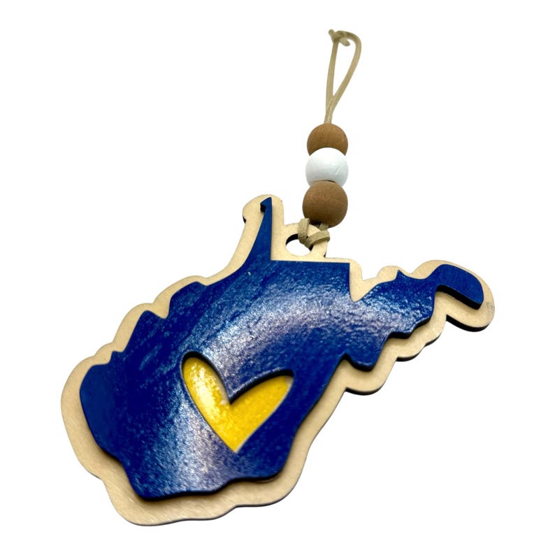 West Virginia Ornament – Blue & Gold State Shape With Heart | WV Pride ...