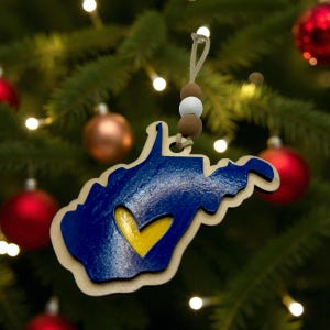 West Virginia Ornament – Blue & Gold State Shape With Heart | WV Pride ...
