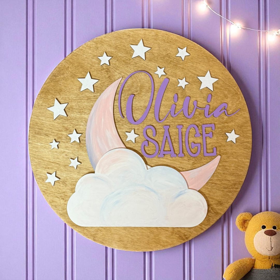 Custom Baby Name Sign | Hand Painted Nursery Wall Decor | Moon & Stars ...