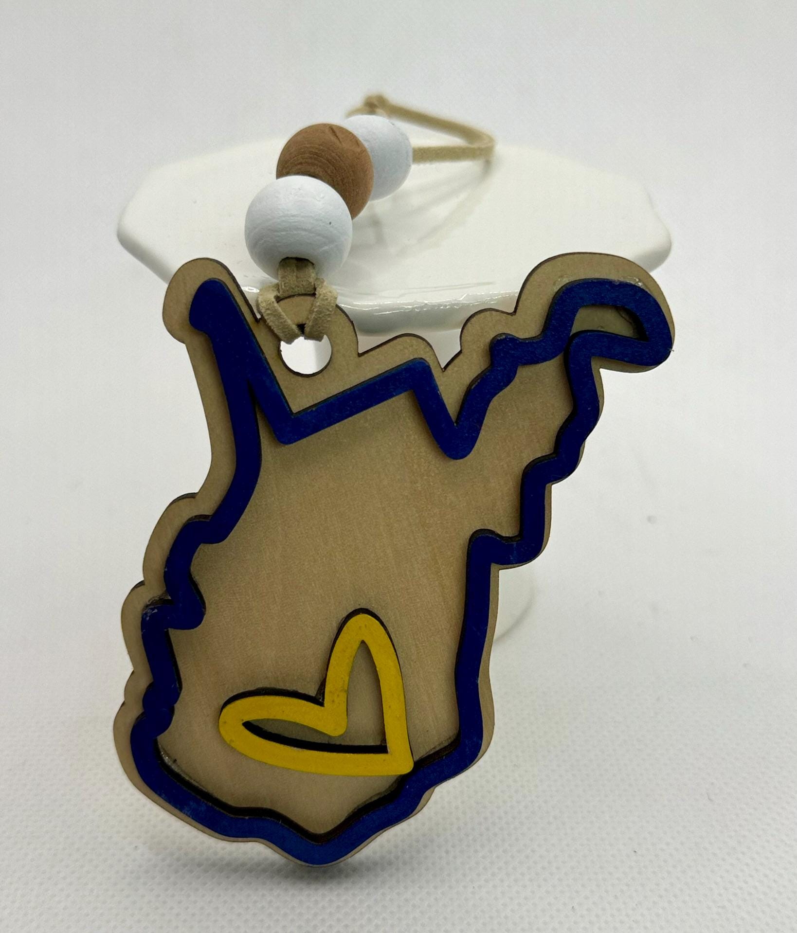 West Virginia Ornament – Blue & Gold State Shape With Heart | WV Pride ...