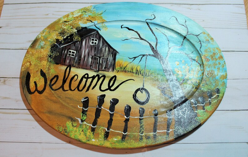 Rustic Wooden Oval Welcome Sign – Hand-painted Barn Scene Door Hanger ...