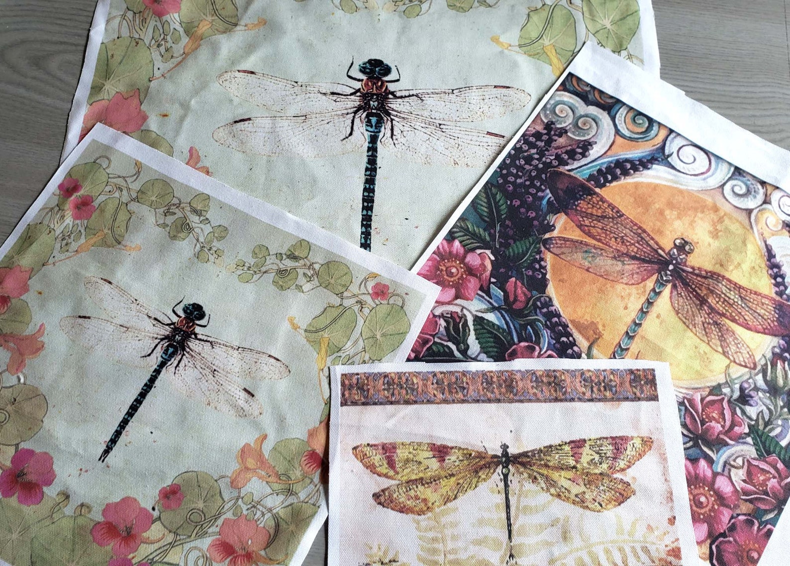 100% Cotton Fabric Panel Vintage Dragonfly Optional Designs Ready ...