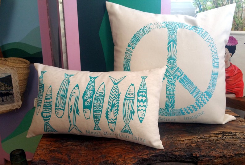 Peace Blue Hand Print Pillow Made in Ibiza. Silkscreen Hand - Etsy