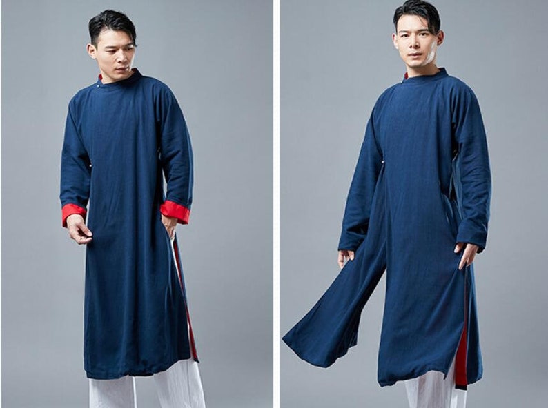 2 Colors Chinese Men Hanfu Long Shirt Kung Fu Qipao Robe Linen - Etsy