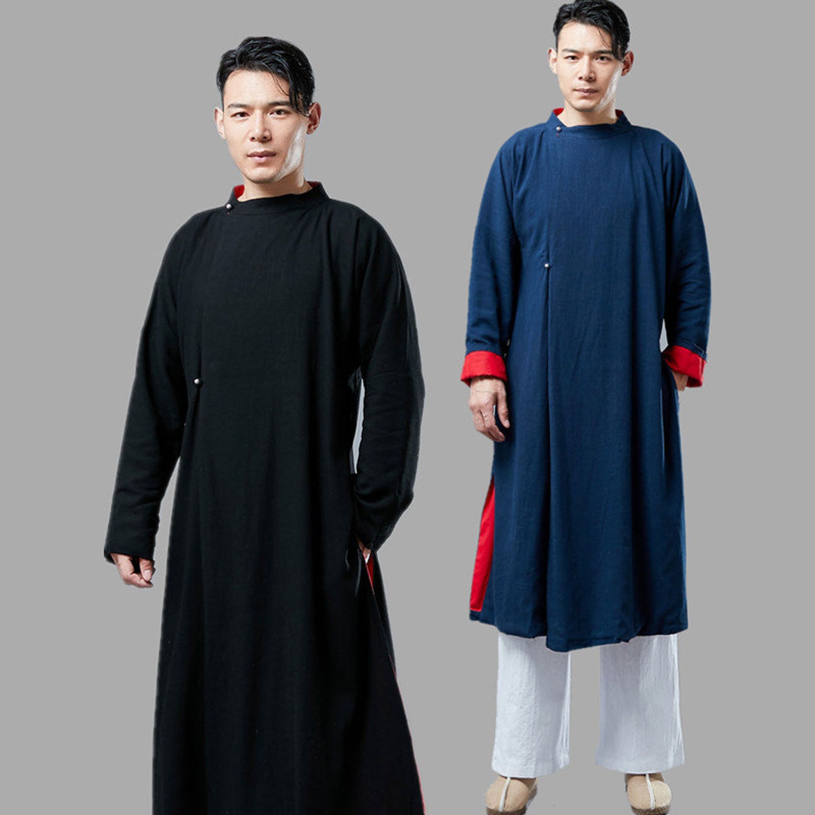 2 Colors Chinese Men Hanfu Long Shirt Kung Fu Qipao Robe Linen - Etsy
