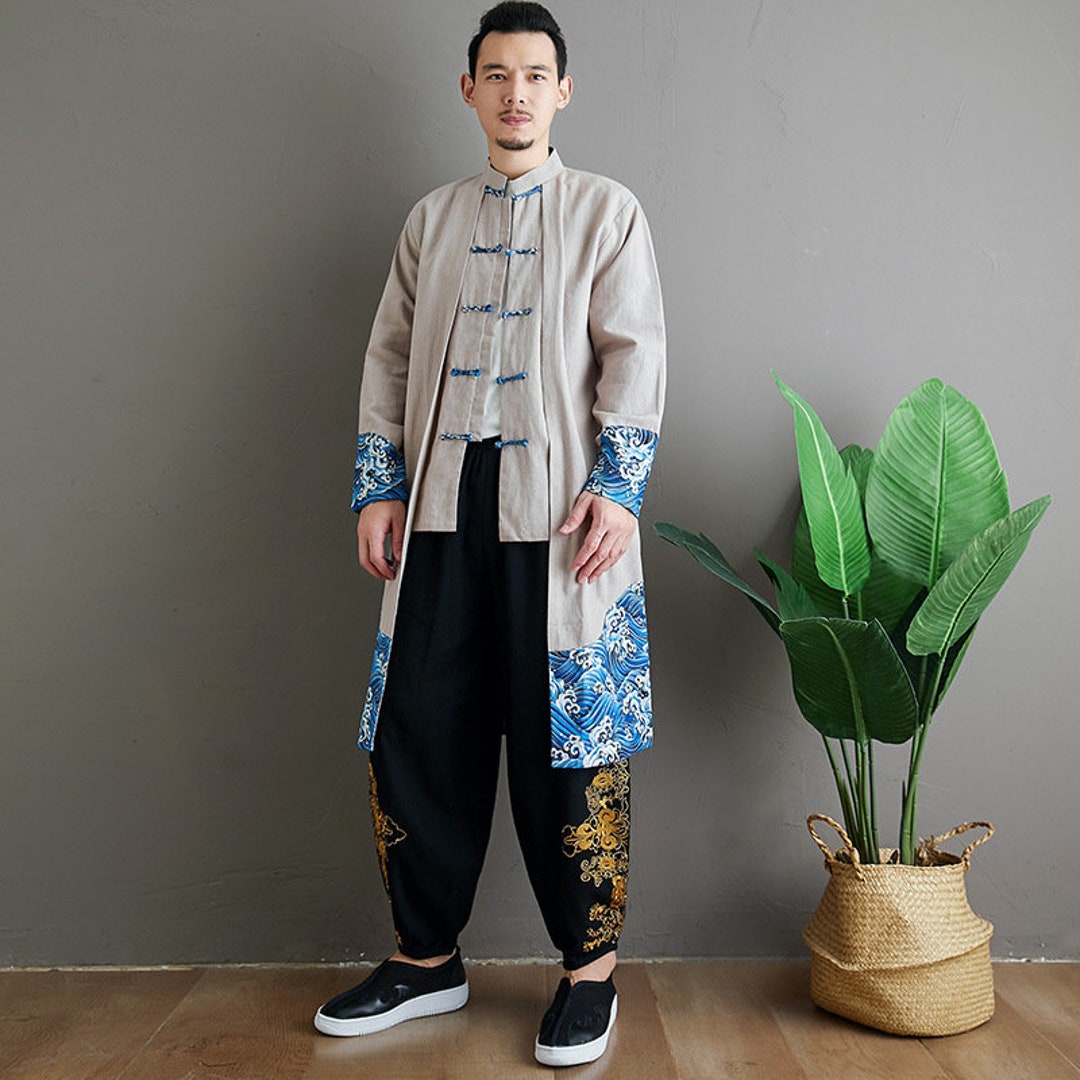 Mens Windbreaker Hanfu Long Robe Jackets Long Linen Coats Men's Robe ...
