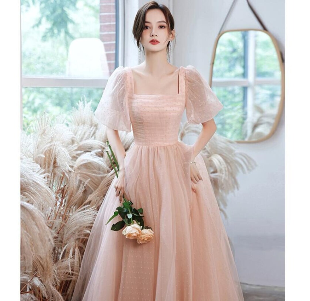 Buy Princess Pink Puff Sleeves Formal Prom Gown Host Dress Toast Dress Bridal Lawn Wedding Dress