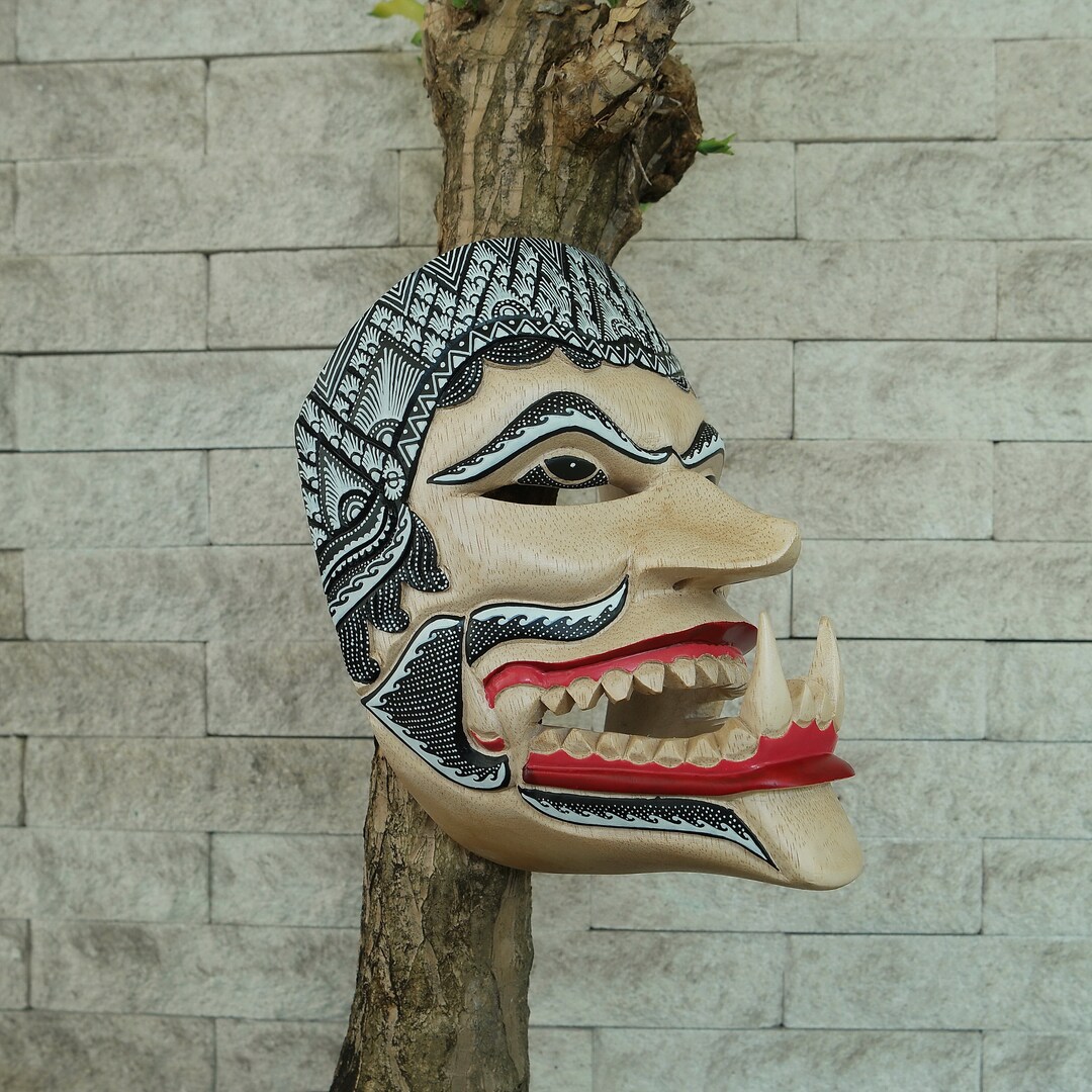 Wooden javanese Cakil Mask Black and White Batik Pattern Hand Drawing ...