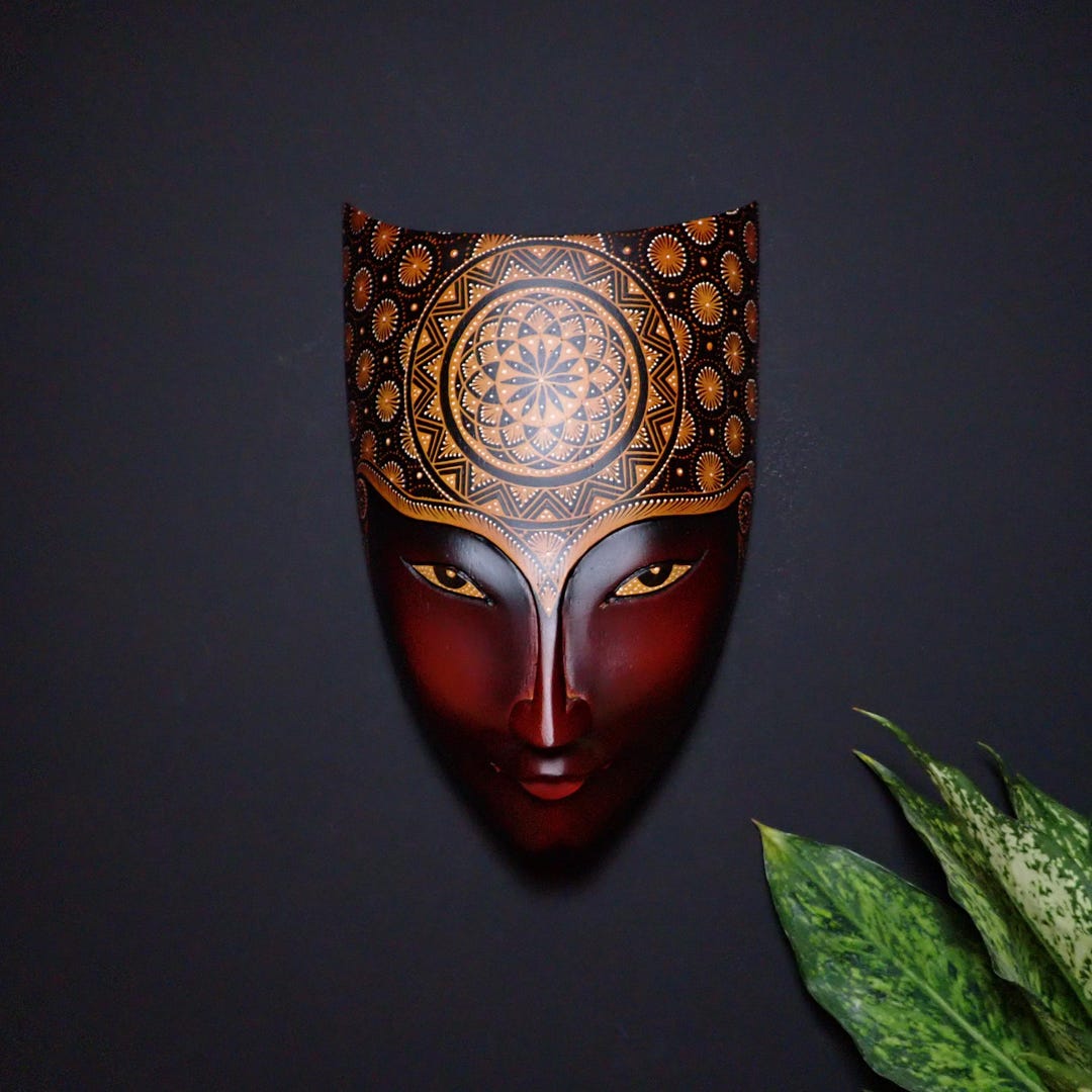 Hand Carved Wooden "ava" Mask: Boho Wall Decor With Hand Drawing - Etsy