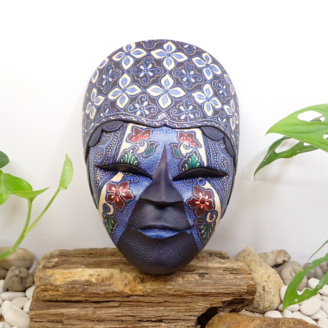 Wood "creation" Mask With Batik Drawing, Wood Carving, Wood Mask, Wall ...