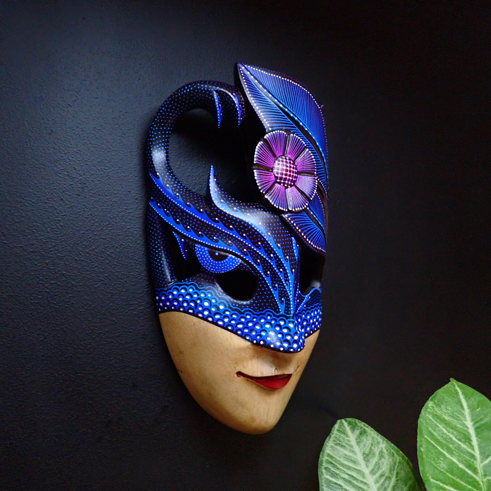 Hand Carved Albasia Wood Mask: Batik Floral Drawing, Ethnic Wall Art - Etsy