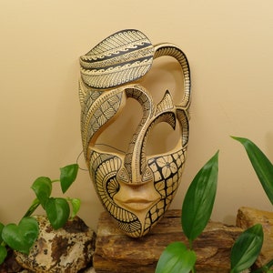 Wooden tree Man Hand Carved Mask With Sophisticated Black and White ...