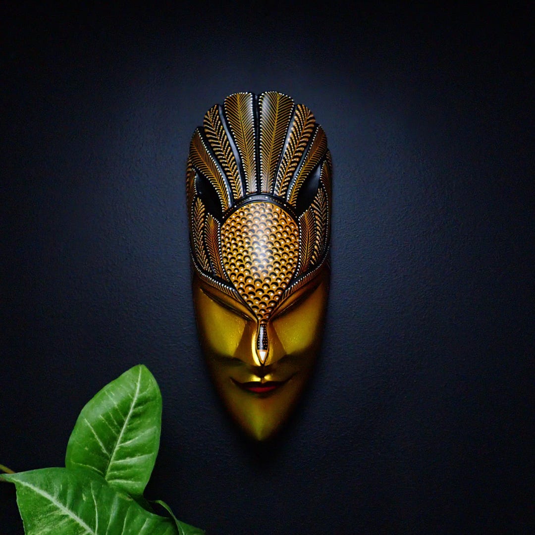 Gold Face Birdman Mask: Batik Wood Carving, Tribal Wall Art - Etsy