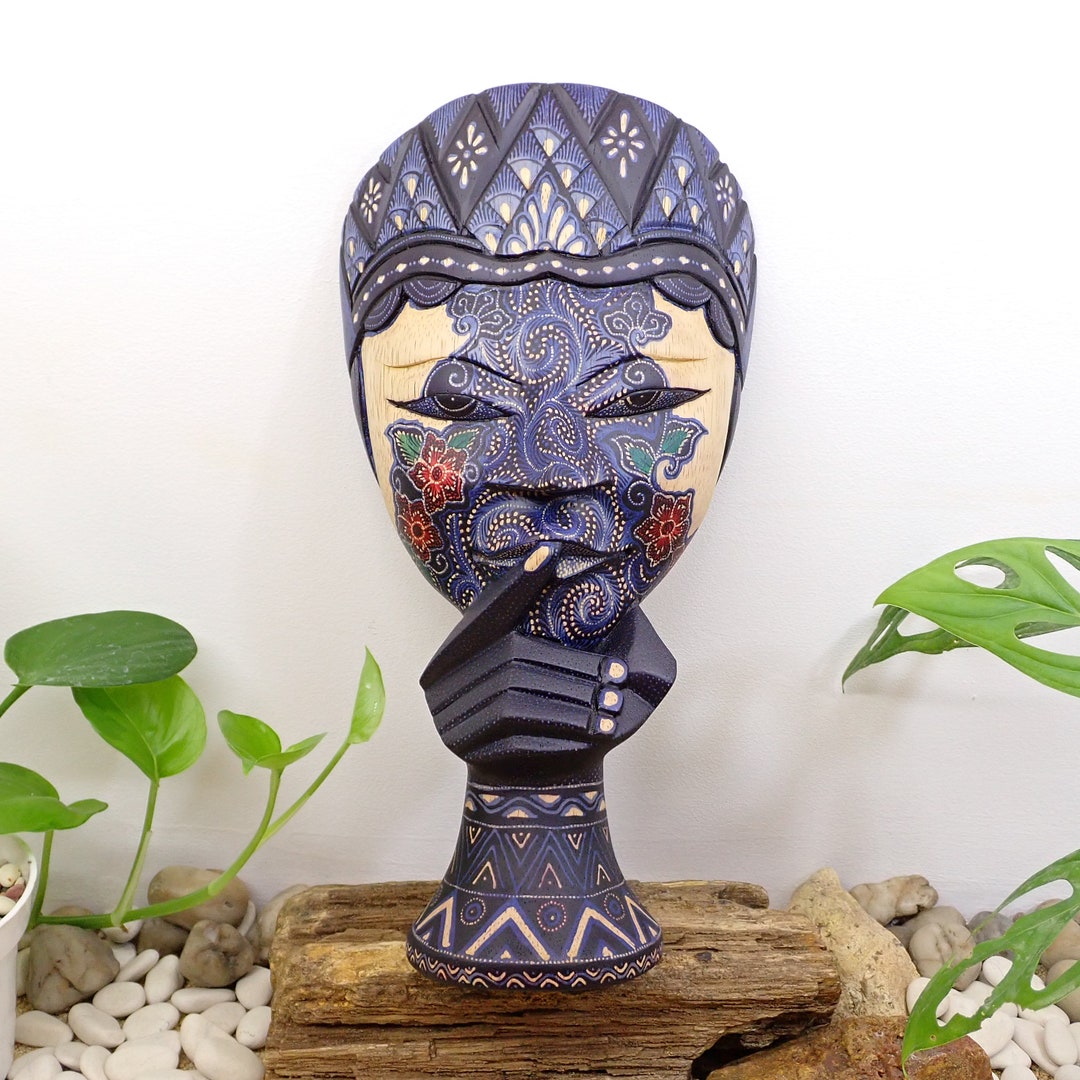 Wood finger Mask With Batik Drawing, Wood Carving, Table Decor, Home ...