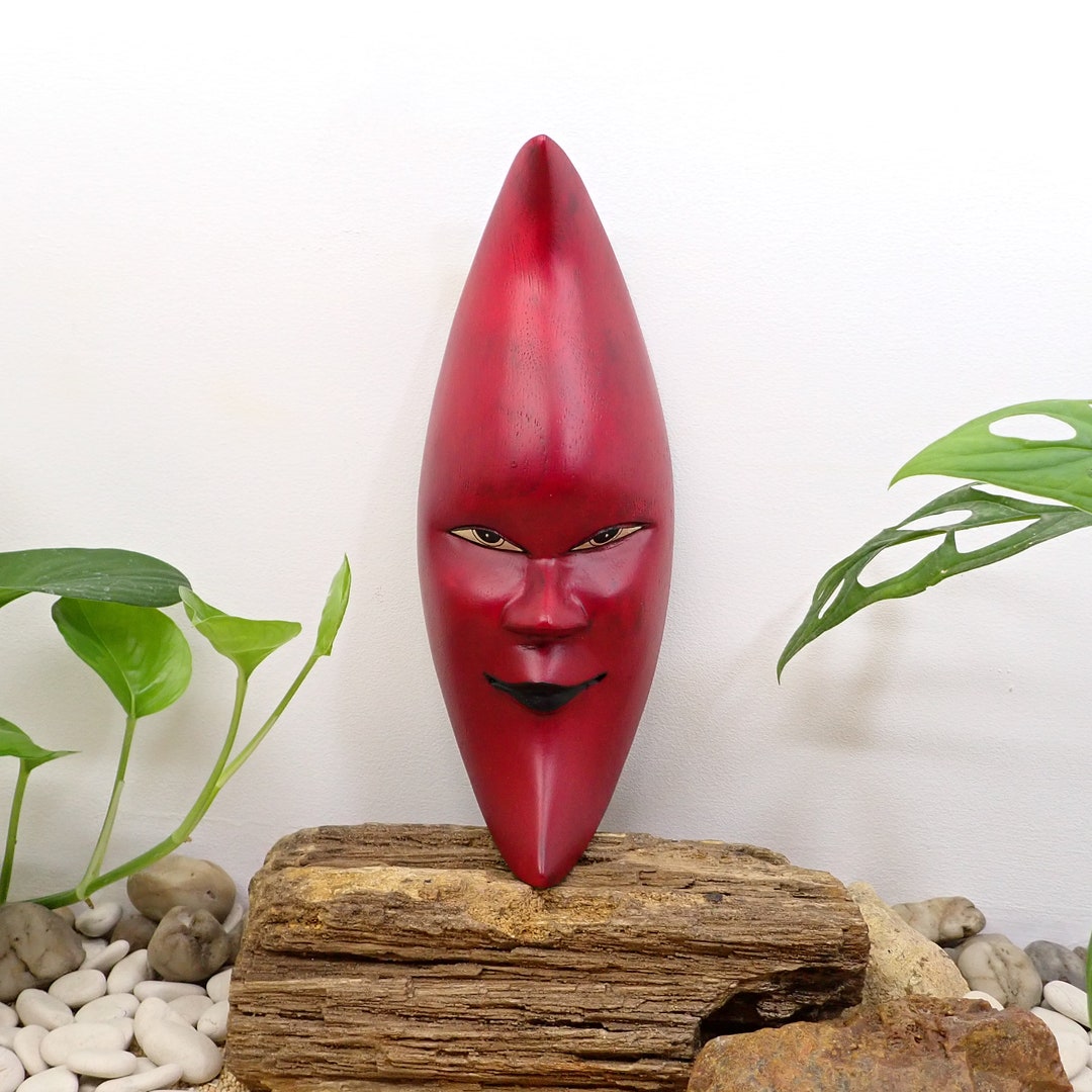 Wooden crescent Moon Mask, Red Matte Finish, Wood Mask, Wood Carving ...