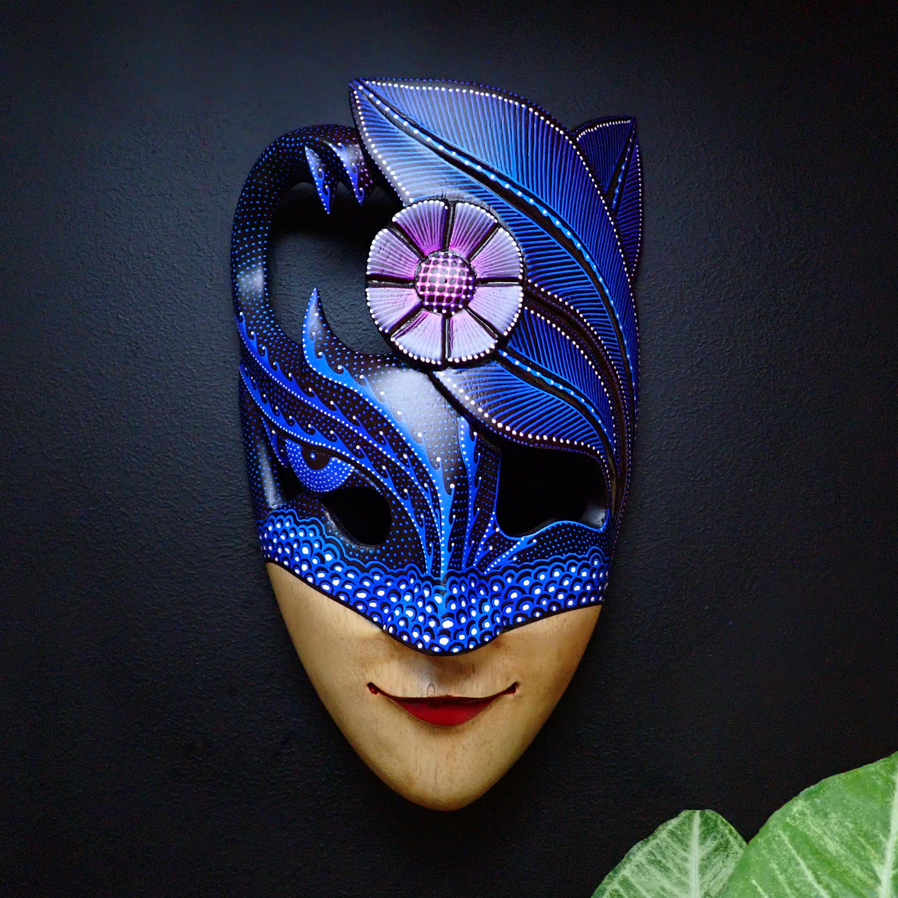 Hand Carved Albasia Wood Mask: Batik Floral Drawing, Ethnic Wall Art - Etsy