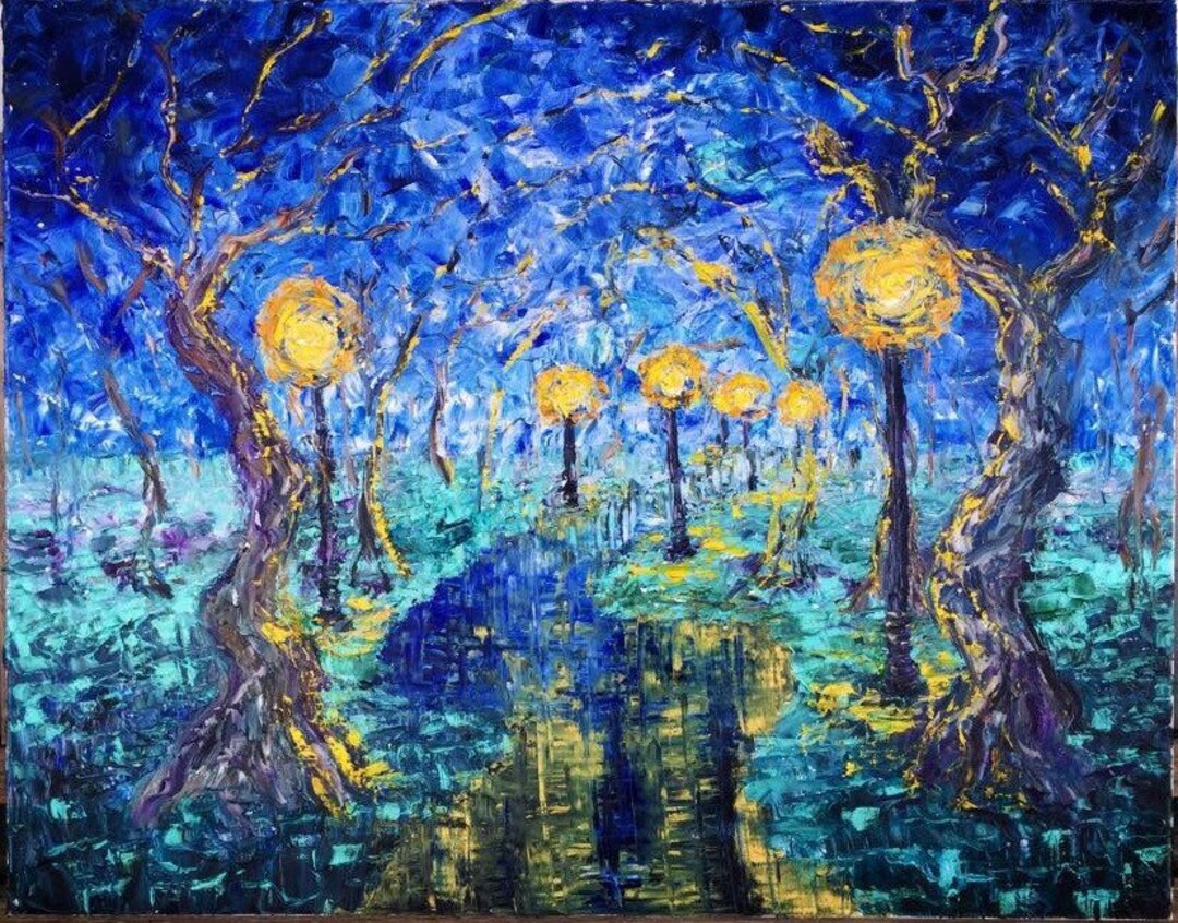 Van Gogh Style Starry Night Park Painting – Original Impressionist Oil ...