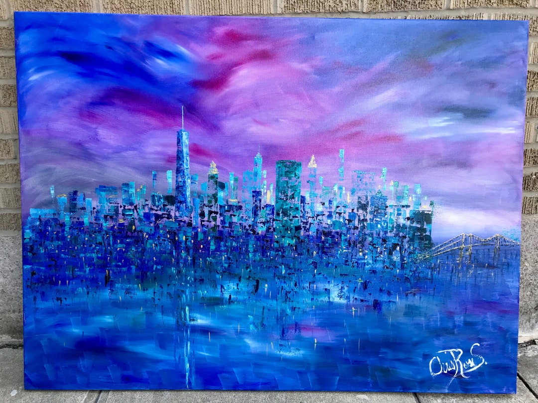 Twilight Impressionism New York Skyline Pallet Knife Purple Pink Sky ...