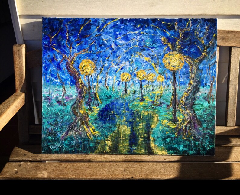 Van Gogh Style Starry Night Park Painting – Original Impressionist Oil ...