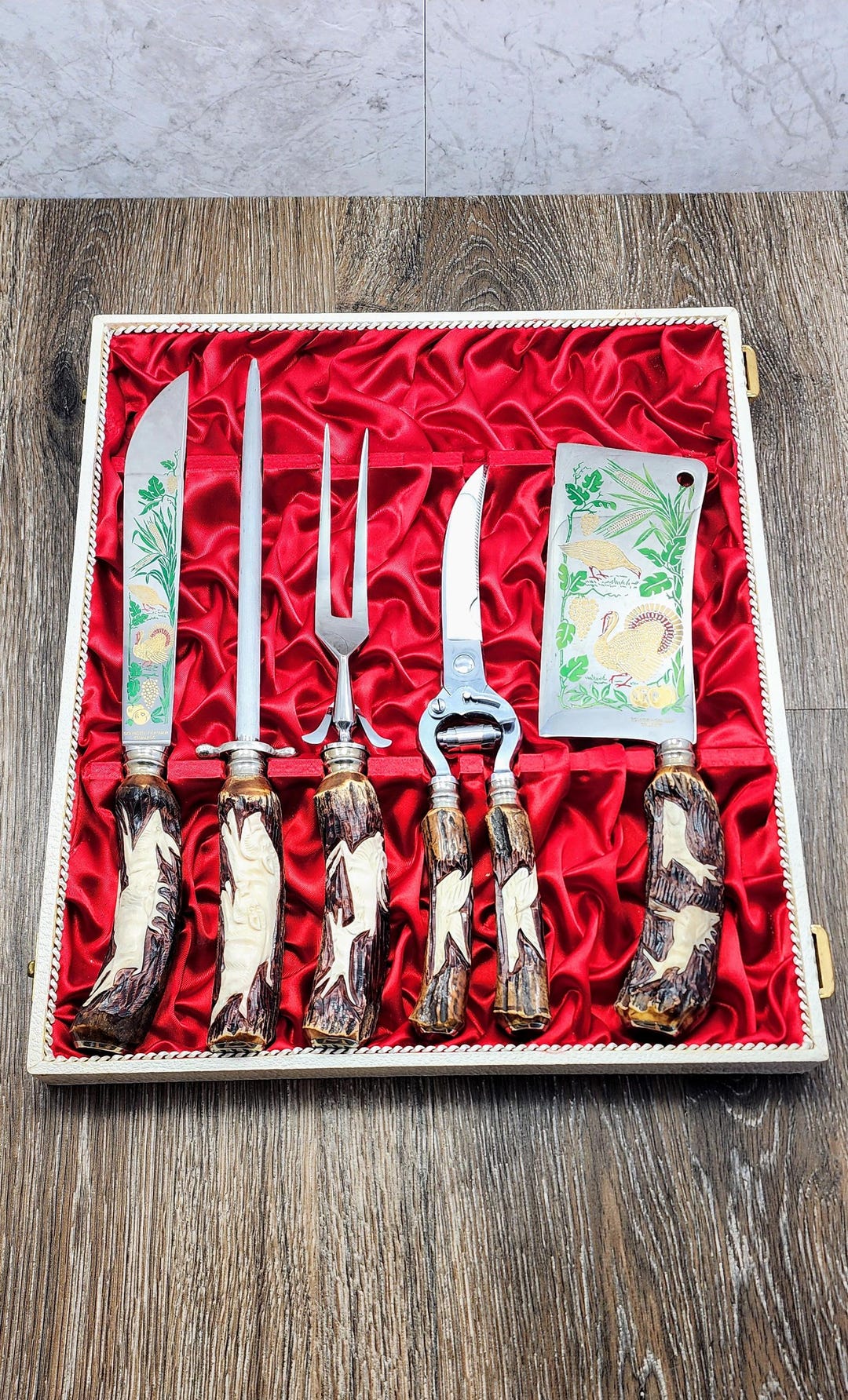 Vintage Solingen Carved Antler Carving Serving Set Stag Holiday Cutlery ...