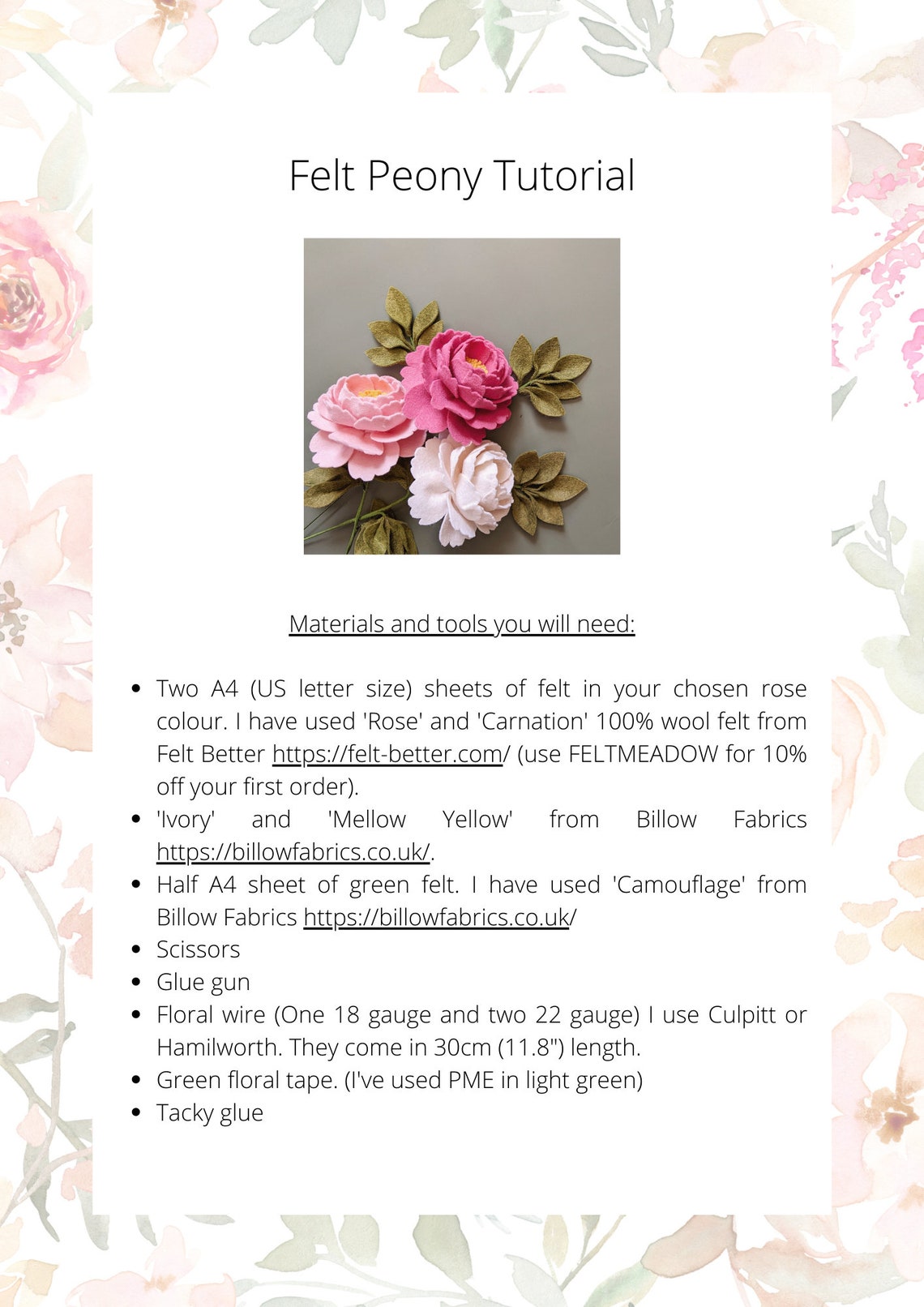 Felt Peony Pdf Tutorial With Video and Printable Pattern. DIY - Etsy