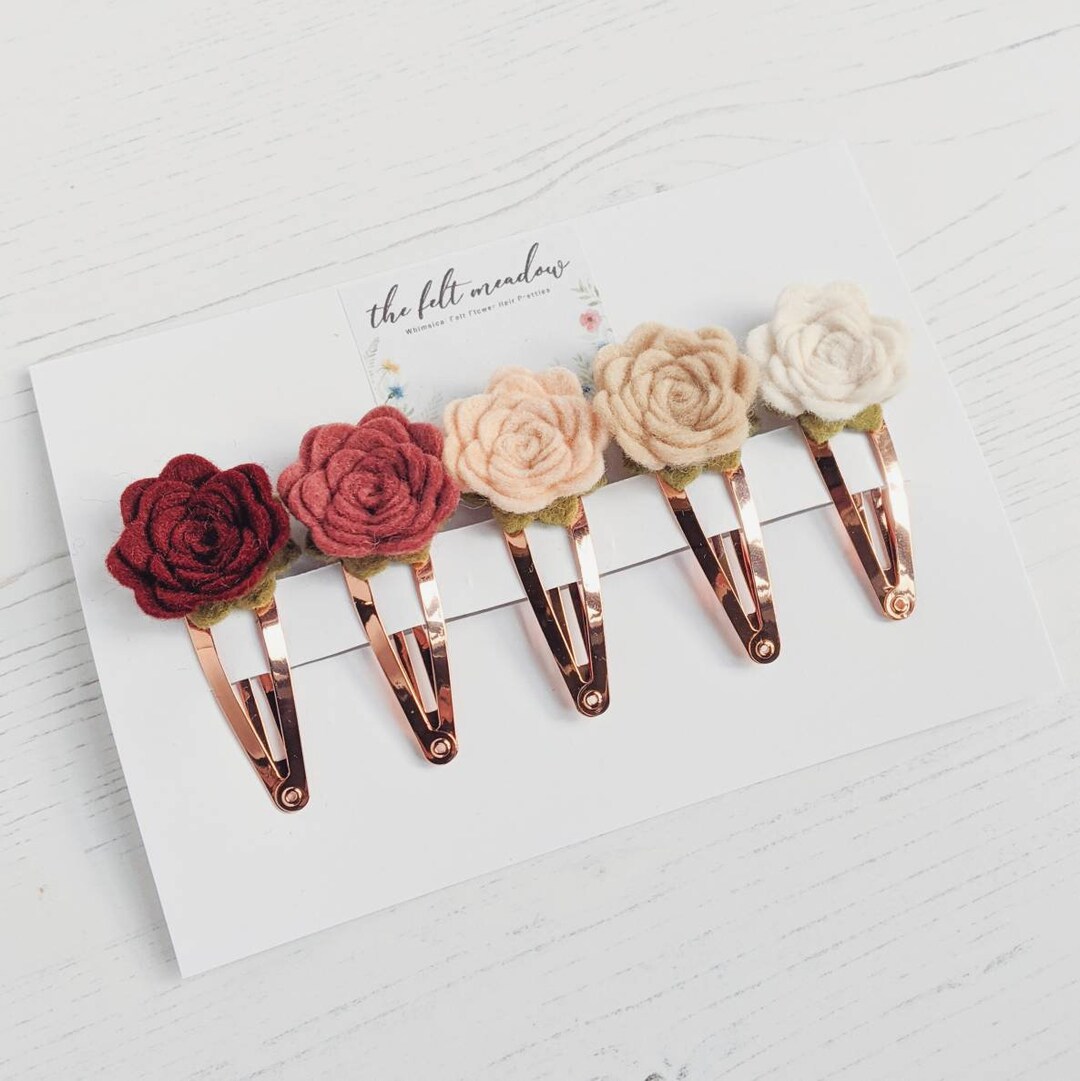 Felt Flower Snap Clip Set, Rose Gold Snap Clips, Toddler Clips - Baby ...