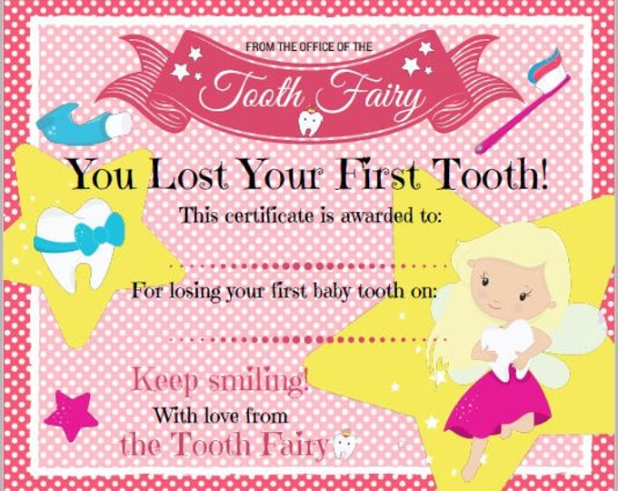 Tooth Fairy Certificate for Losing First Baby Tooth - Etsy Australia