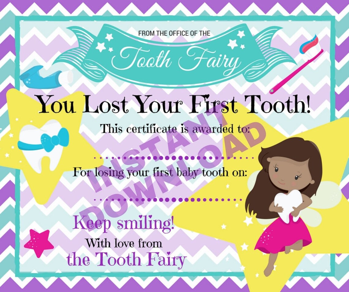Dark Skin Tooth Fairy Certificate for Losing First Baby Tooth - Etsy