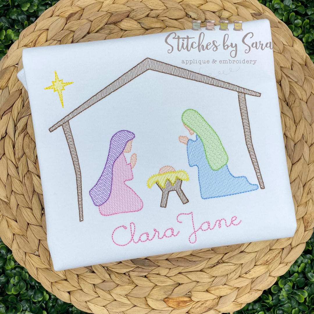 Christmas Nativity Sketch Embroidery Shirt for Girls, Monogrammed - Etsy