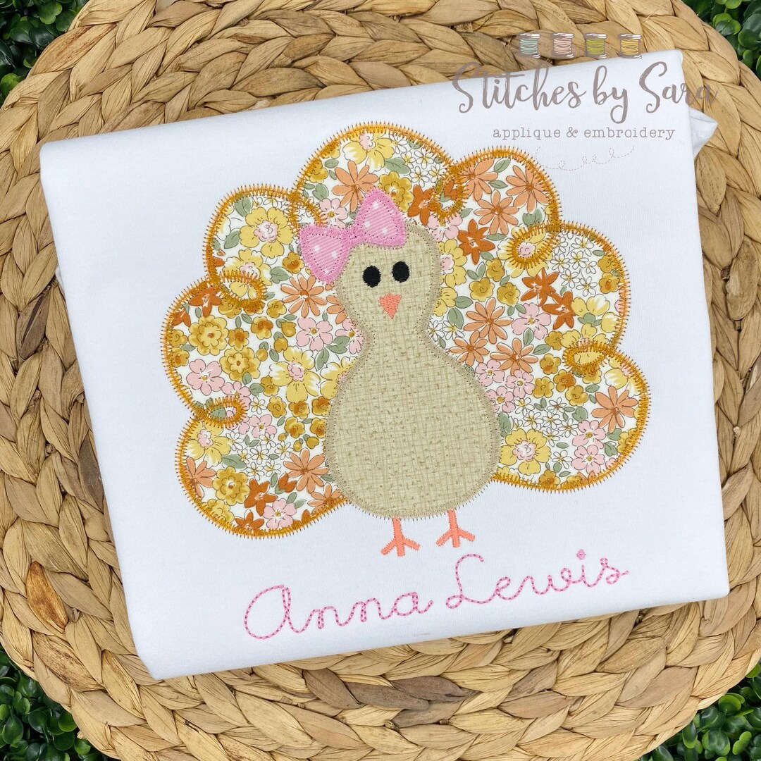 Floral Turkey With Bow Appliqué Shirt for Girls, Monogrammed, Fall ...