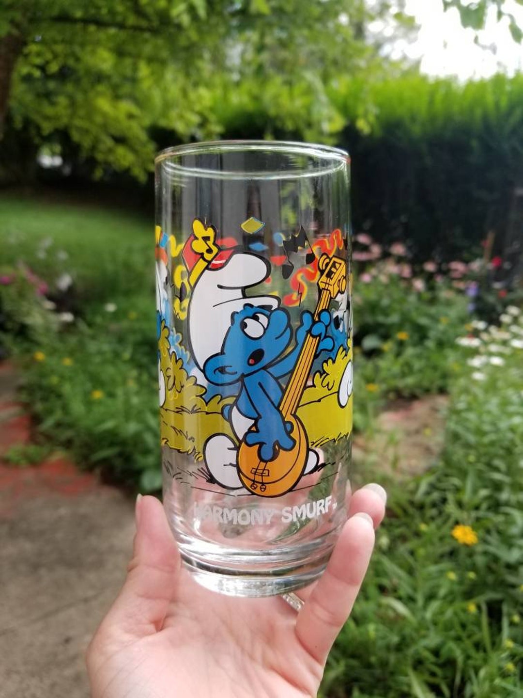 Smurf Glass Tumbler, Harmony Smurf, Drinking Water Glass, 1983 Wallace ...
