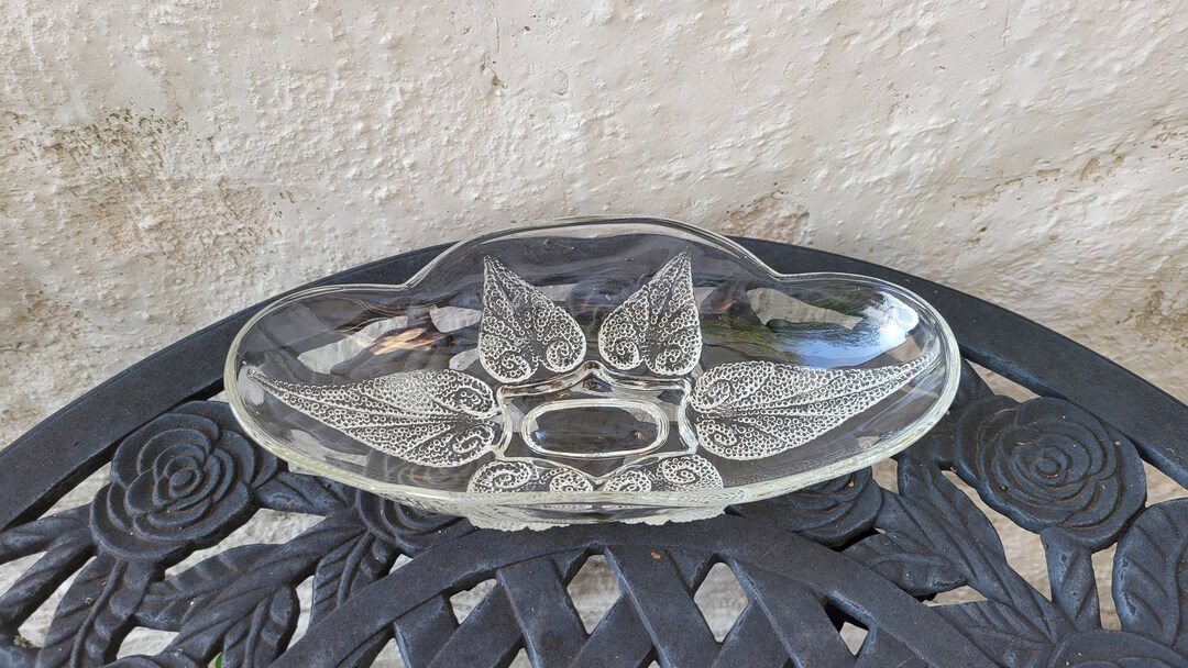 Clear Glass Oval Dish, Embossed Bubble Leaves Design, Footed Base ...