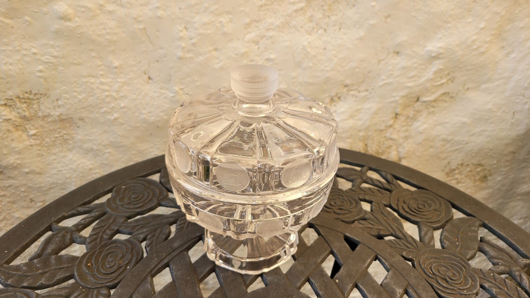 Clear Frosted Coin Glass Compote Pedestal Candy Dish With Lid, Vintage ...