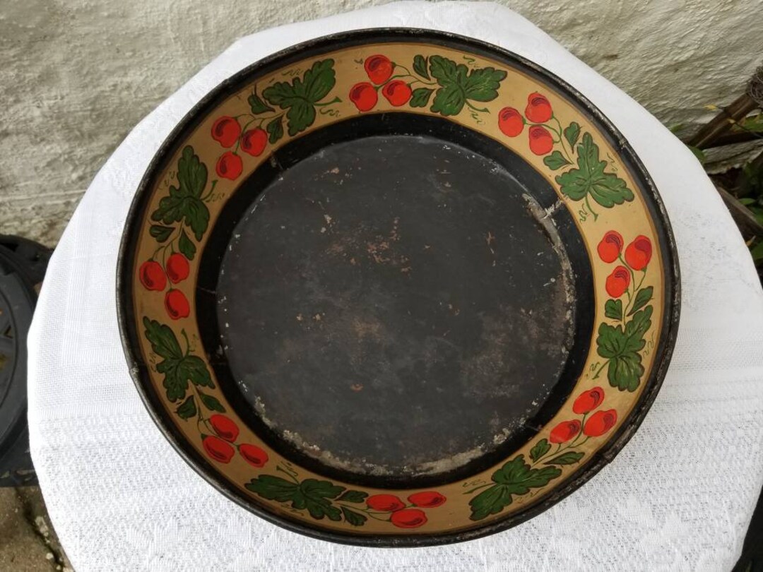Large Black Metal Round Bowl, Tole, Toleware Basin, Fruit Vegetable ...