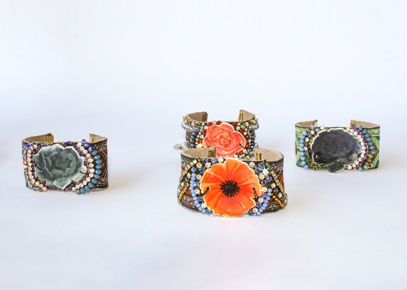 Statement Boho Cuff, Orange Floral Bracelet, Coral and Turquoise ...