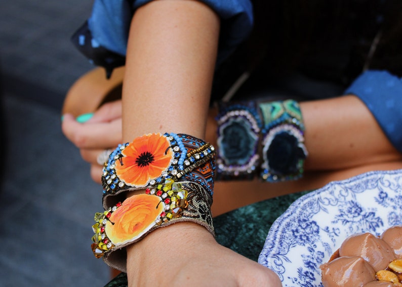 Statement Boho Cuff, Orange Floral Bracelet, Coral and Turquoise ...