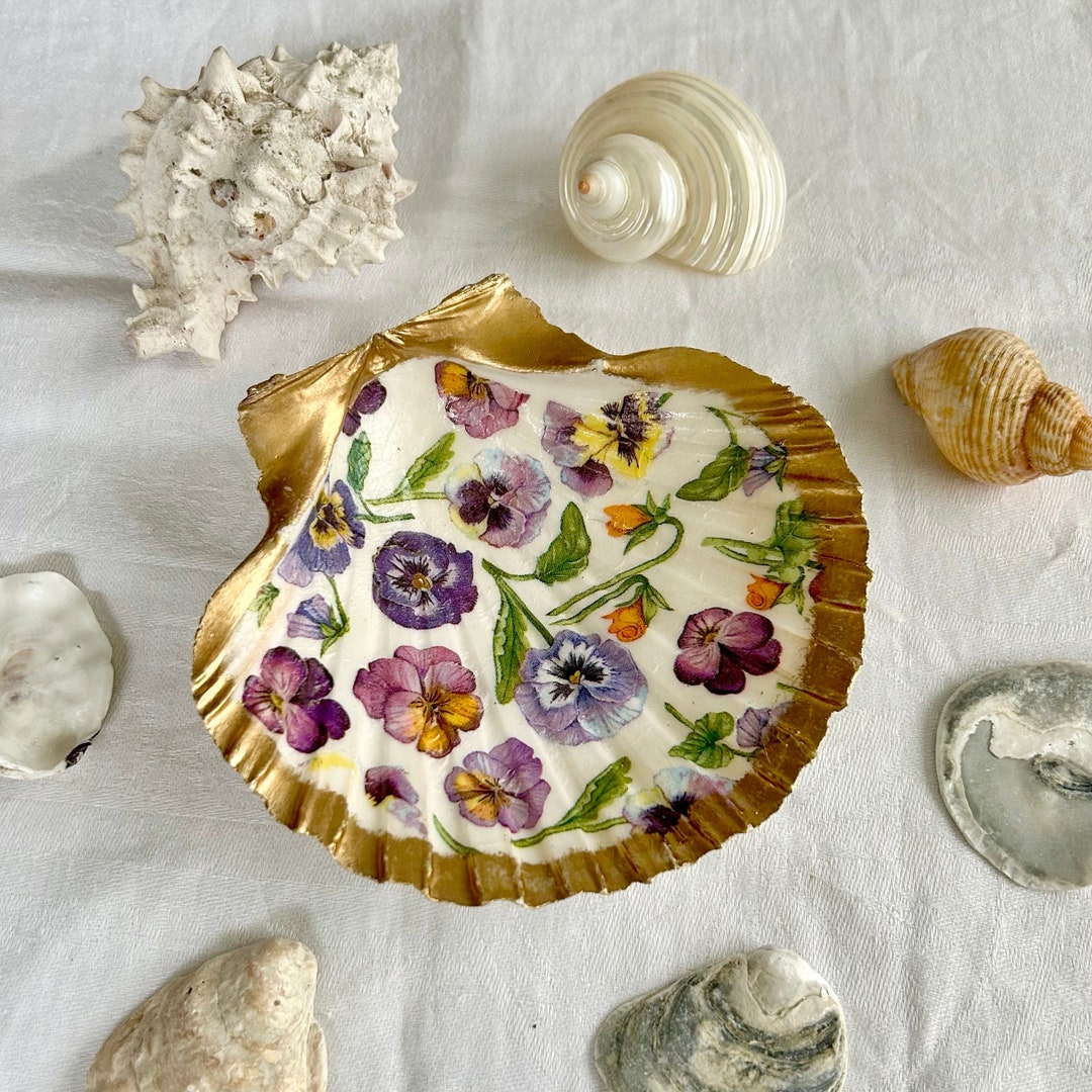 NEW Decoupaged Scallop Shell, Purple Pansy Flowers, Trinket Dish ...