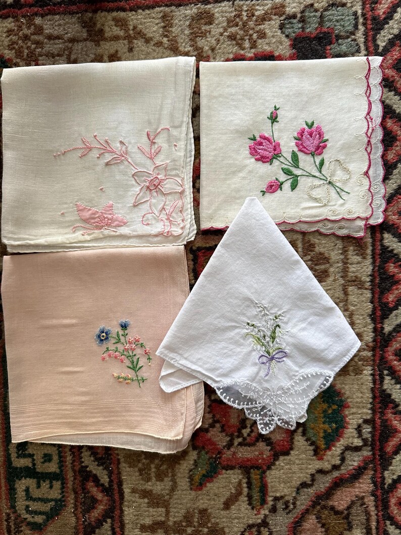 Four Vintage Embroidered Floral Handkerchiefs From the 50's. - Etsy