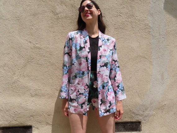 1990s Floral Blazer Black Open Front Oversized Rose P… - Gem
