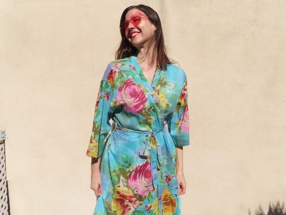 1960s Rose Robe Blue Pink Oversized Floral Print Half… - Gem