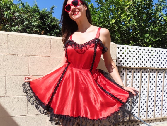 1960s Burlesque Dress Red Black Lace Sequin Satin Hig… - Gem