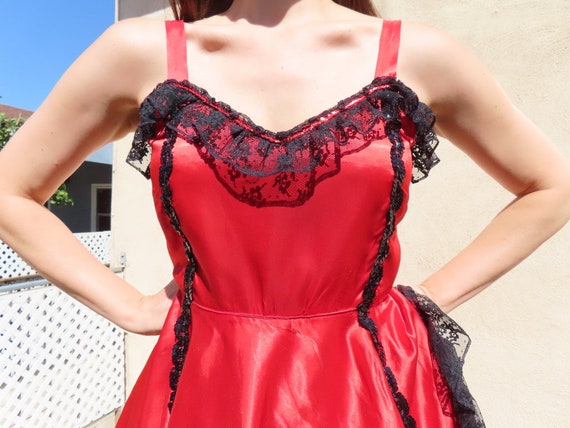 1960s Burlesque Dress Red Black Lace Sequin Satin Hig… - Gem